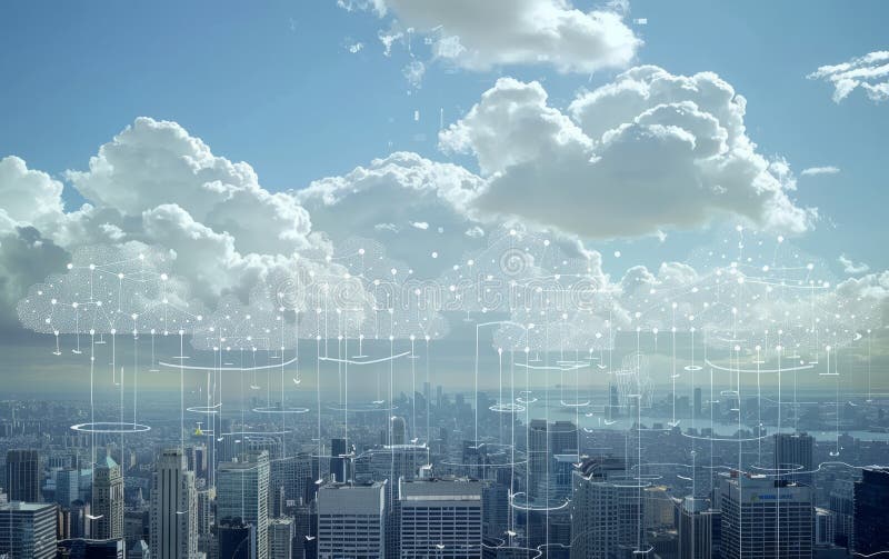 Cloud Computing Concept Against Cityscape with Skyscrapers and Cloudy ...