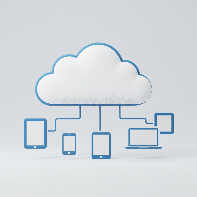 Cloud Computing Concept with a 3D Cloud Icon Connected To Various Blue Outlined Stock ...
