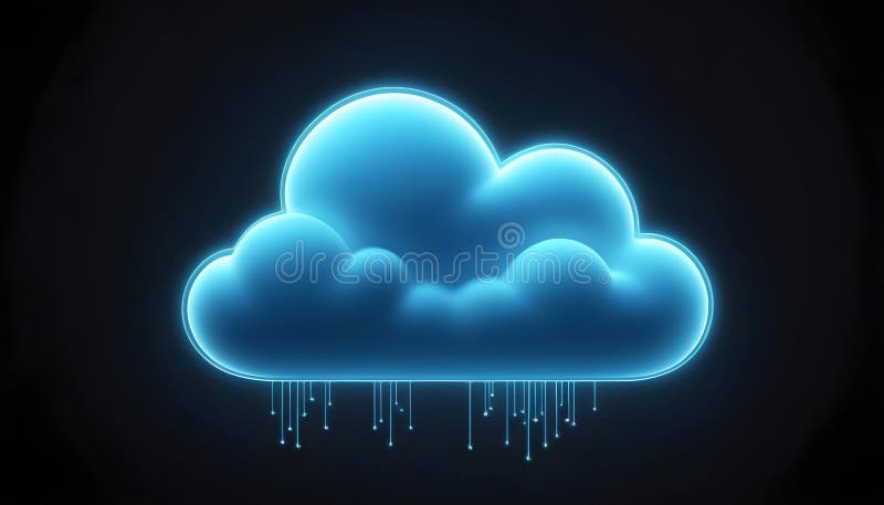 Cloud Computing Concept. 3D Rendering. Neon Blue Cloud on Dark ...