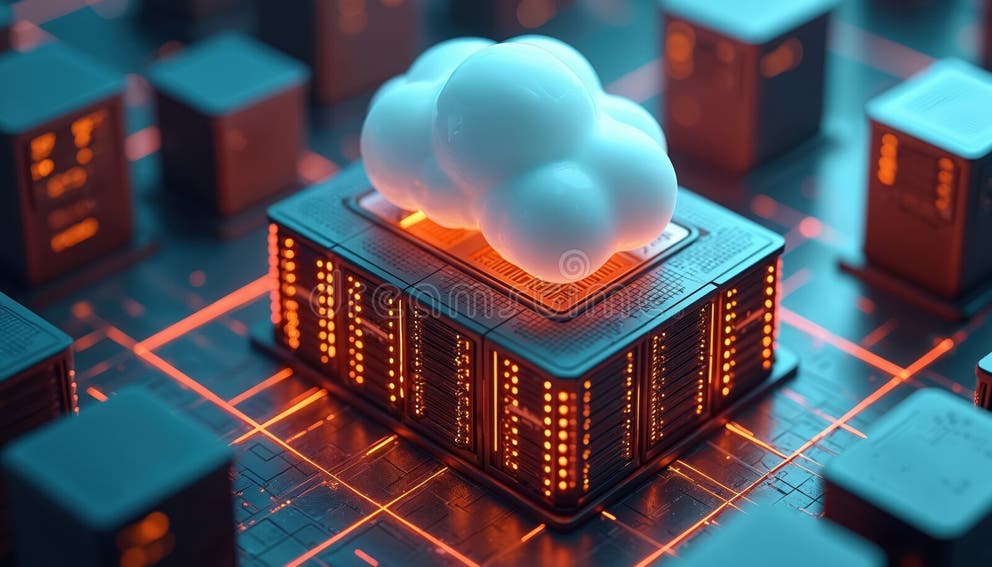 Cloud Computing Concept. Data Center Servers, Network Technology. Cloud-shaped Icon on Top of ...