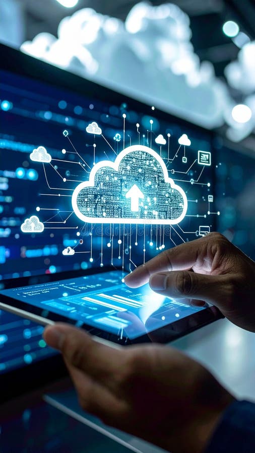 Cloud Computing Concept with Data Transfer Represented on a Digital Display and Tablet Screen ...