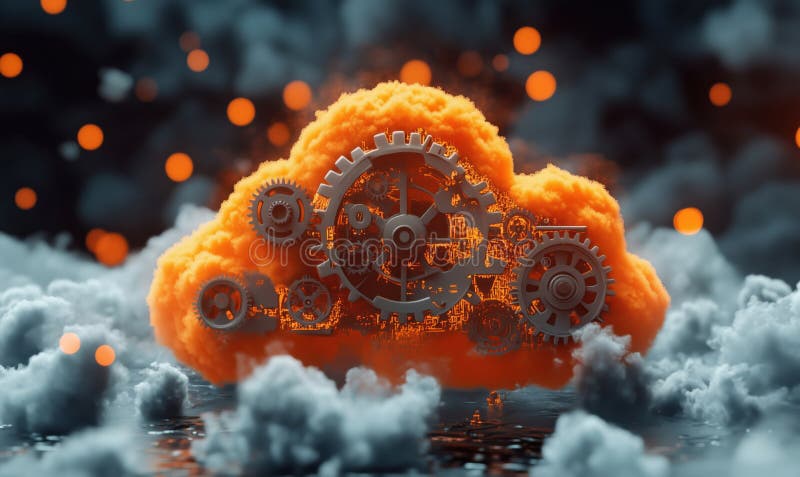 Cloud Computing Concept with Gears and Orange Clouds Representing ...