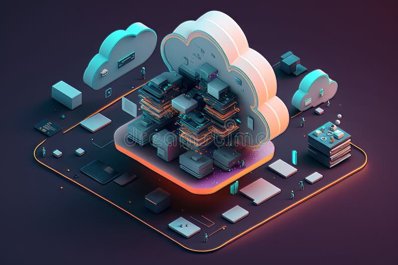 Cloud Computing Concept. Generative AI Isometric Illustration of Cloud ... Cloud Computing Concept. Generative AI Isometric Illustration of Cloud ...
