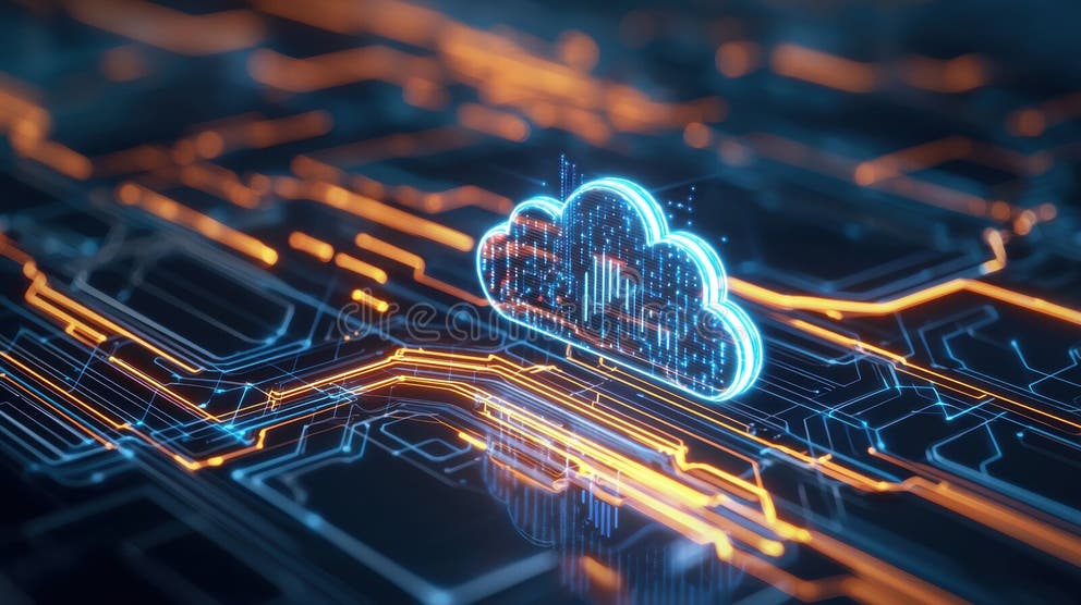 Digital Transformation Technology Concept. Cloud Computing Concept with Glowing Circuits and ...