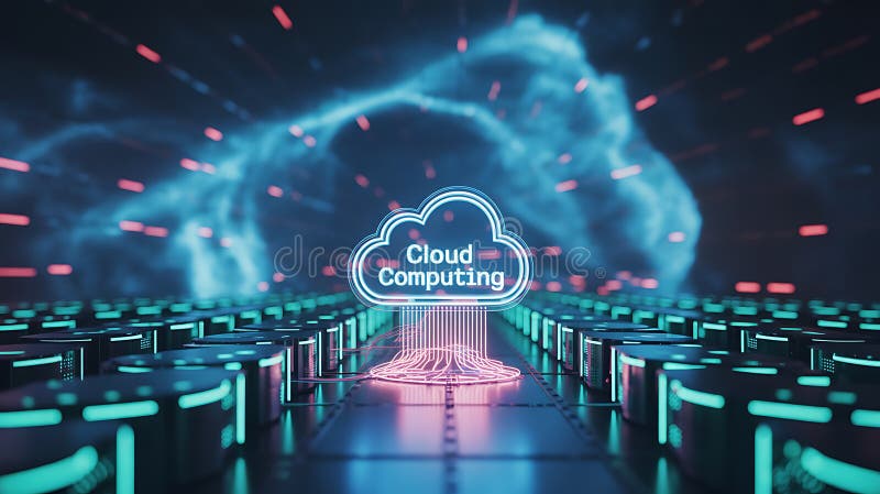 Cloud Computing Concept with Glowing Servers and Abstract Blue Energy Cloud Technology Data ...