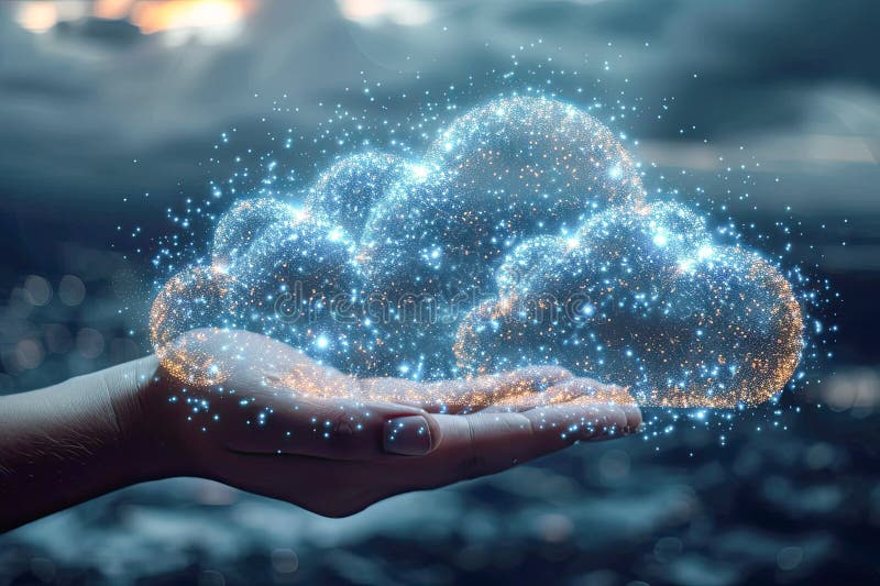 Cloud Computing Concept. Hands Holding of Data Protected Exchange on Sunset City Background ...