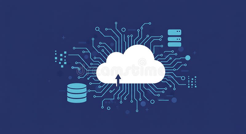 Cloud Computing Concept Illustrated with a White Cloud Icon at the Center and Blue Stock ...