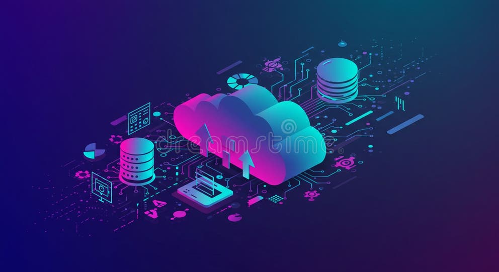 Cloud Computing Concept Illustration with Vibrant Neon Colors Depicting ...