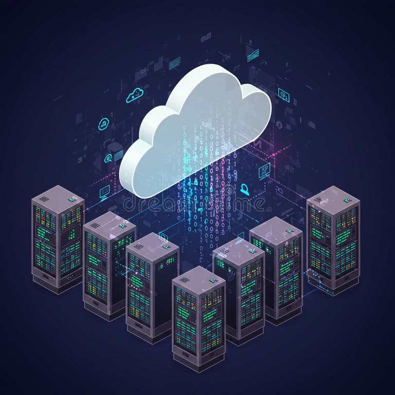 Cloud Computing Concept with a Large, White Cloud Symbol Above Multiple ...