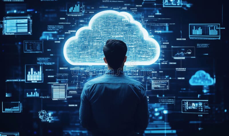 Cloud Computing Concept with Man Analyzing Data Visualizations and ...