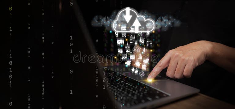 Cloud Computing Concept. a Man Uses Laptop Computer To Upload and ...