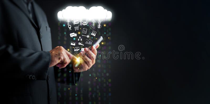 Cloud Computing Concept. a Man Uses a Smartphone To Upload and Download it Resources Via Cloud ...