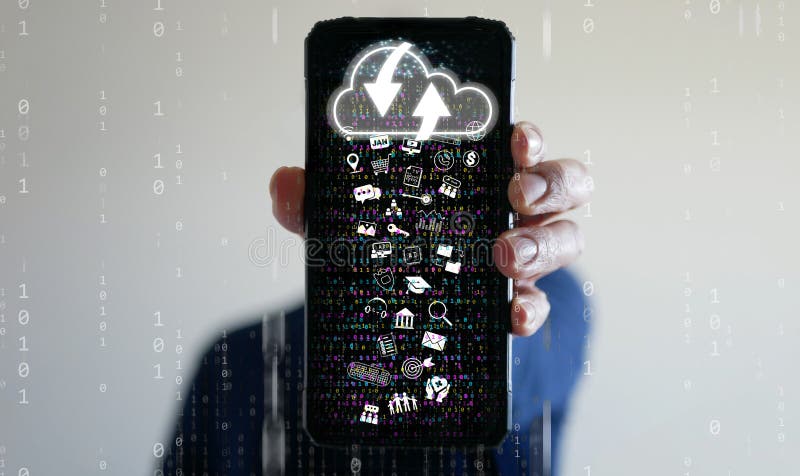 Cloud Computing Concepta Man Uses A Smartphone To Upload And Download It Resources Via Cloud