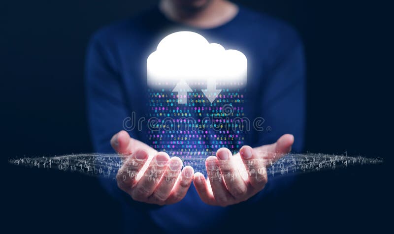 Cloud Computing Concept – Man Using Cloud Technology To Deliver it Resources As Binary Code Via ...