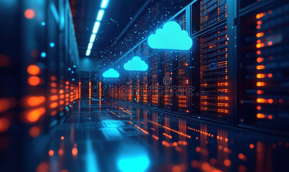 Cloud Computing Concept in Modern Data Center with Glowing Servers and ...