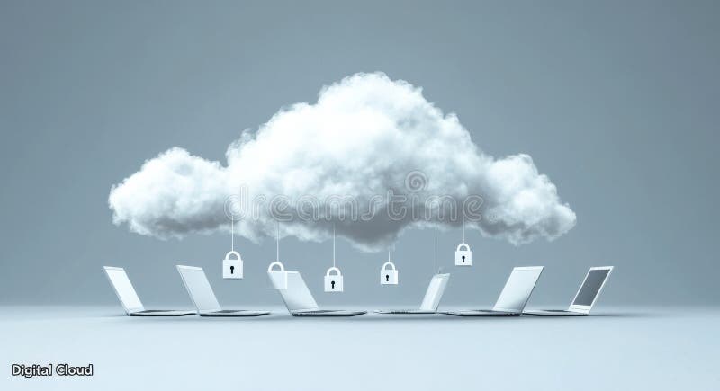 Cloud Computing Concept with Multiple Laptops Connected To a Digital Cloud Featuring Security ...