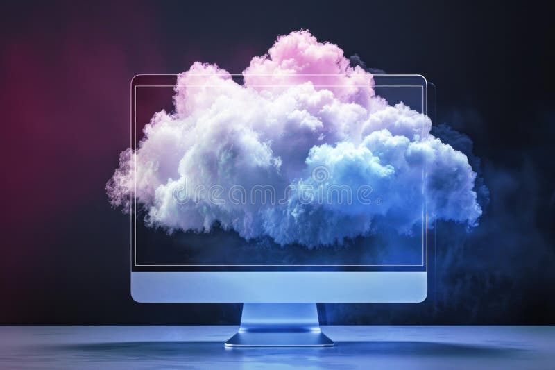 Cloud Computing Concept with Neon Colors and Desktop Computer Stock ...