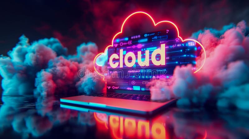 Cloud Computing Concept with Neon Laptop. Generative Ai Stock ...