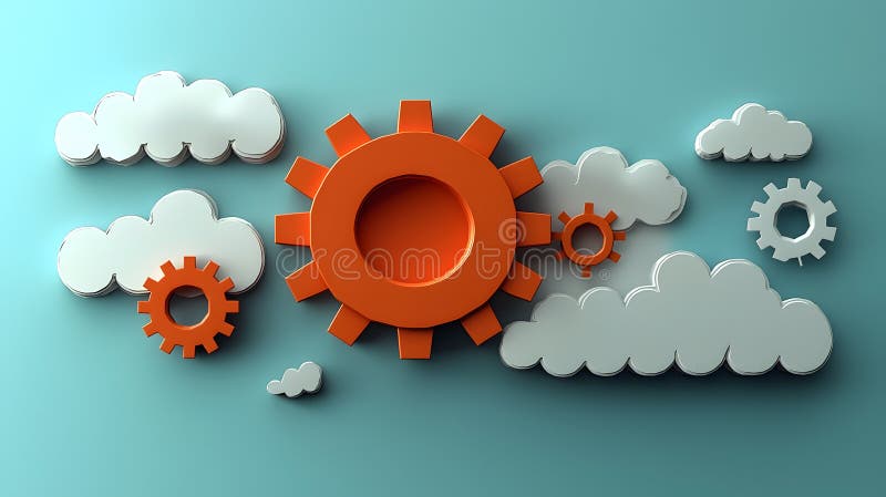 Cloud Computing Concept Orange Gears and White Clouds Against Blue ...