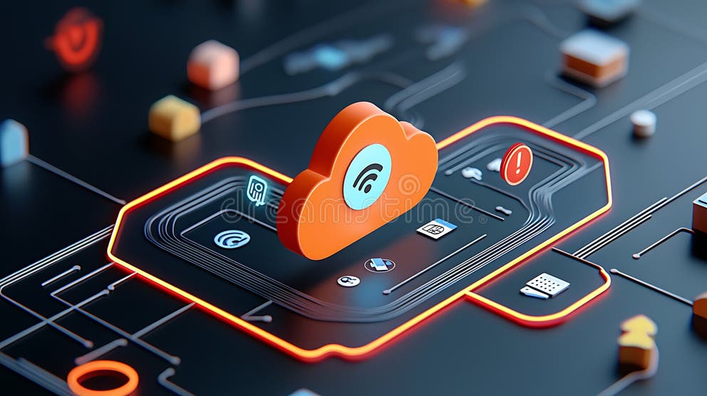 Cloud Computing Concept with Orange Cloud Icon and Digital Network Connections on Dark ...