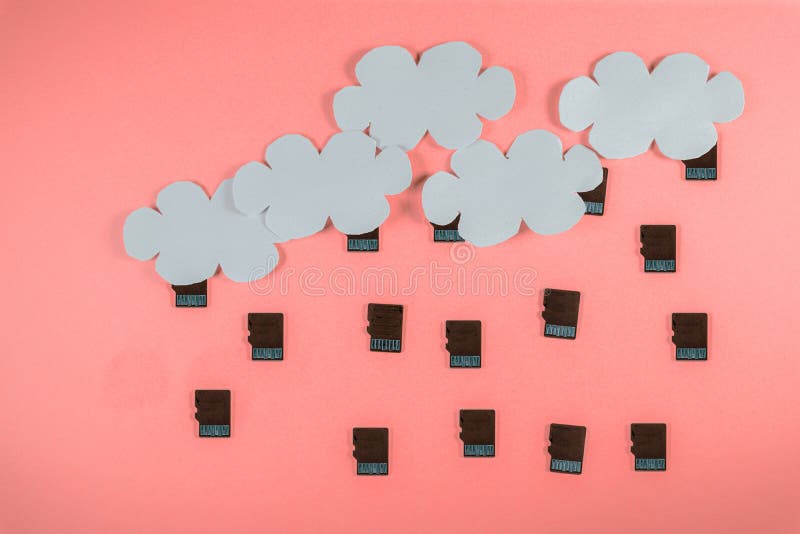 Cloud Computing Concept, Paper Clouds with Micro SD Cards As Raindrops ...