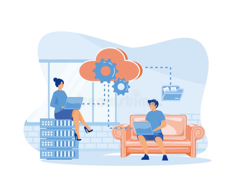 Cloud Computing Concept with People Scene. Man and Woman Processing Information at Laptops Using ...