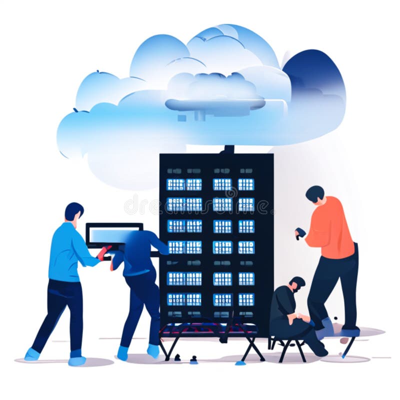 Cloud Computing Concept. People Working in Server Room. Vector ...