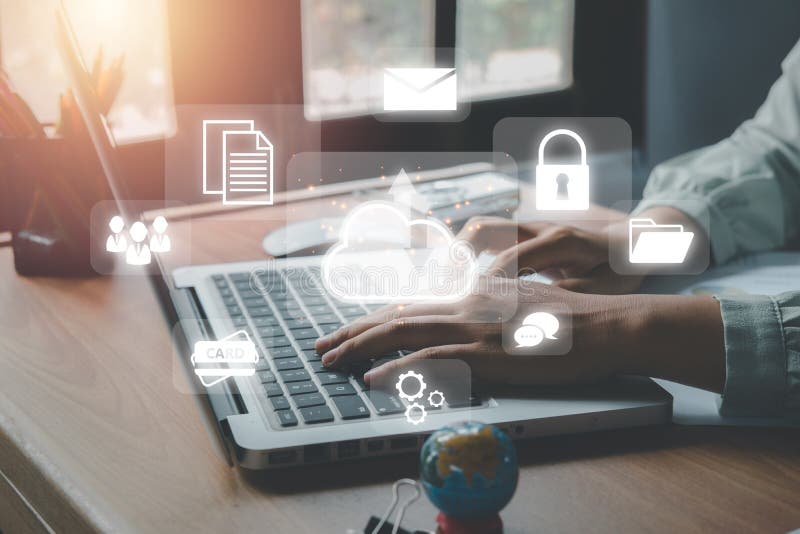 Cloud Computing Concept, Person Hand Using Laptop Computer with Cloud Computing Icon Stock Photo ...