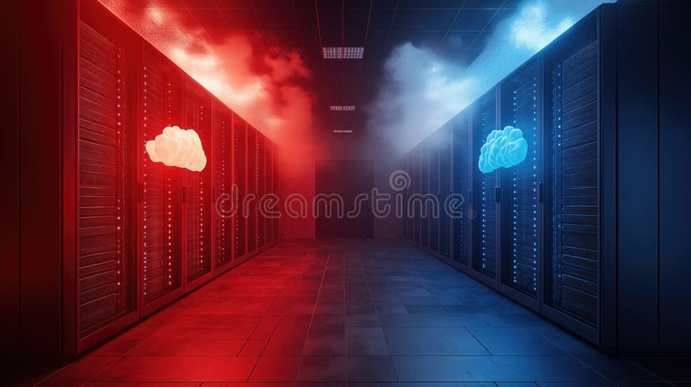 Cloud Computing Concept with Red and Blue Elements in a Modern Data ...