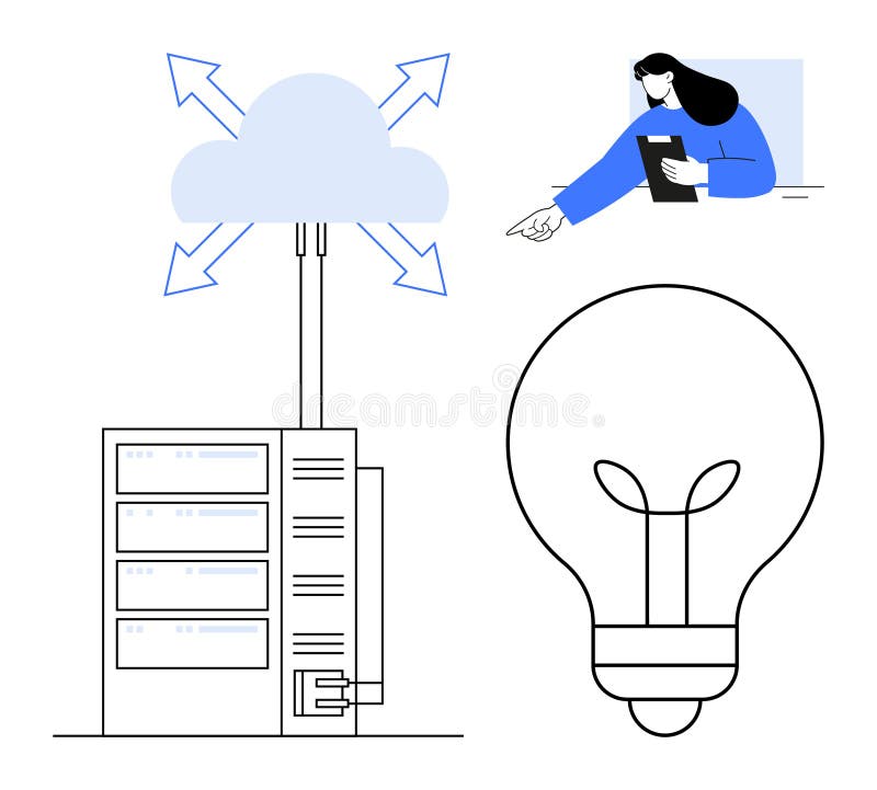 Cloud Computing Concept with Server, Businesswoman, and Innovation Symbolized by Light Bulb ...
