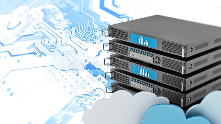 Cloud Computing Concept with Server Rack and Cloud Shapes. 3D ...