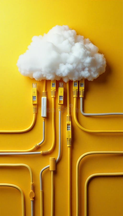 Cloud Computing Concept Showing Cables Connected To Cloud on Yellow ...