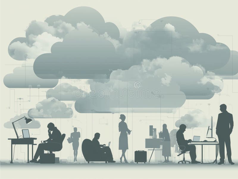 Cloud Computing Concept with Silhouettes of People Working in Office ...