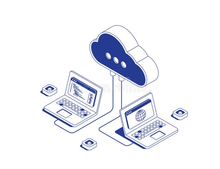 Cloud Computing Concept. Two Laptops Connected To Cloud Network with Programming Code and ...