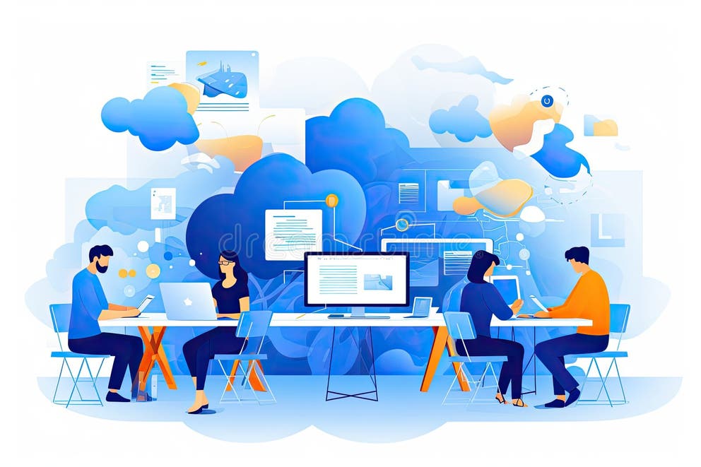 Cloud Computing Concept. Vector Illustration of People Working on Cloud Computing, Group of ...