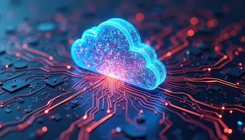 Cloud Computing Concept Visualization. Glowing Cloud Icon on Circuit Board, Data Transfer ...