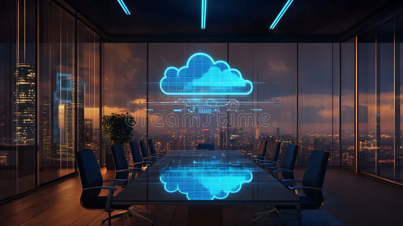 Cloud Computing Concept Visualized in a High-rise Office Meeting Room ...