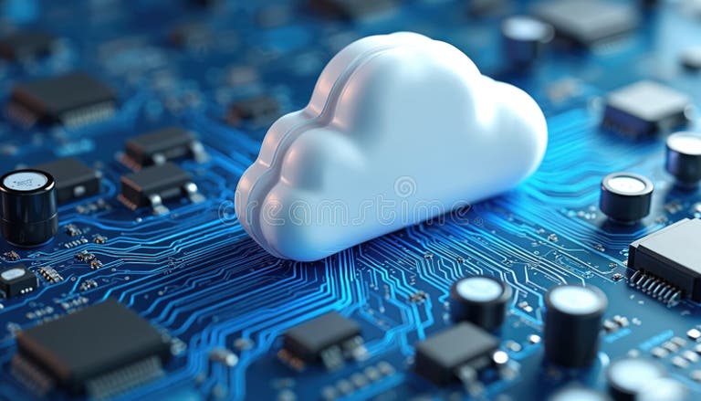 Cloud Computing Concept. White Cloud on Blue Circuit Board. Tech Data Storage, Server Network ...