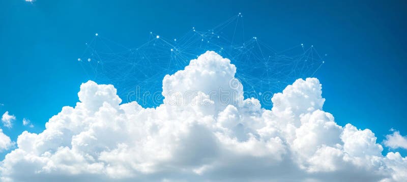 Cloud Computing Concept White Fluffy Clouds with Abstract Network Pattern on Blue Sky Background ...