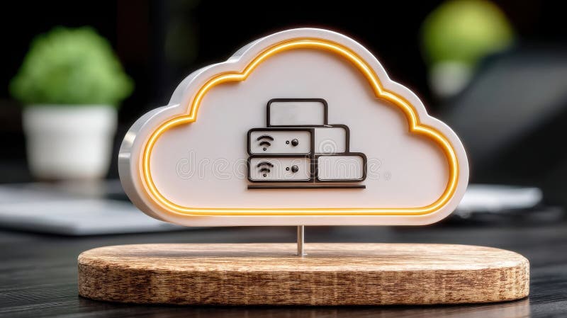 Cloud Computing Concept with Wireless Signal and Storage Icon on Wooden ...