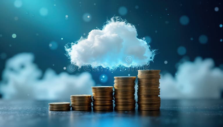 Cloud Computing Cost Efficiency Shown. Stacks of Gold Coins Rise with Cloud Graphic Over. Pay ...