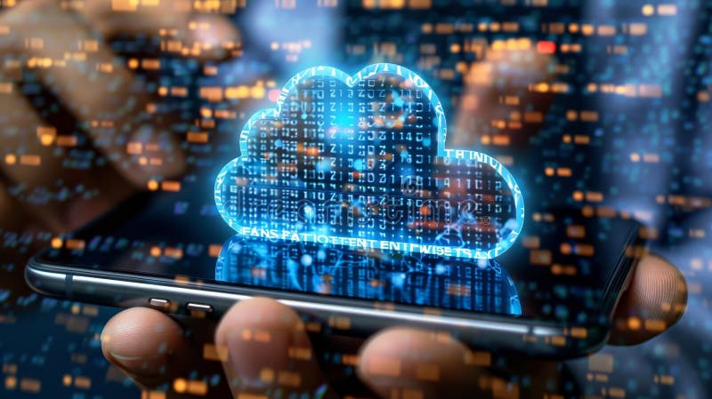 Cloud Computing and Cybersecurity Digital Cloud with Binary Code Floating Above a Mobile Device ...