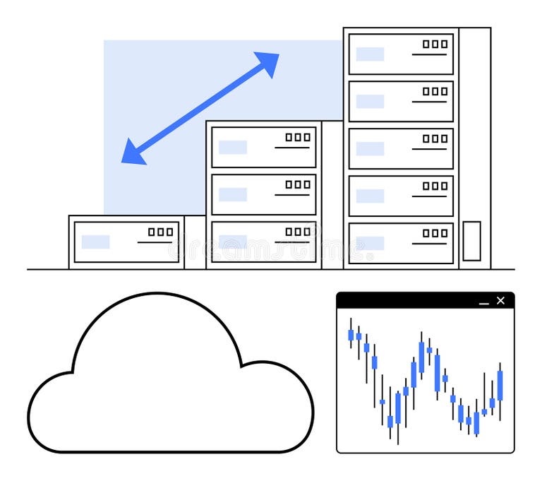 Cloud Computing and Data Analysis Growth Illustrated by Server Racks, Cloud Icon, and Chart ...