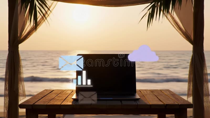Cloud Computing on Beach Sunset with Data Visualization Stock Video ...