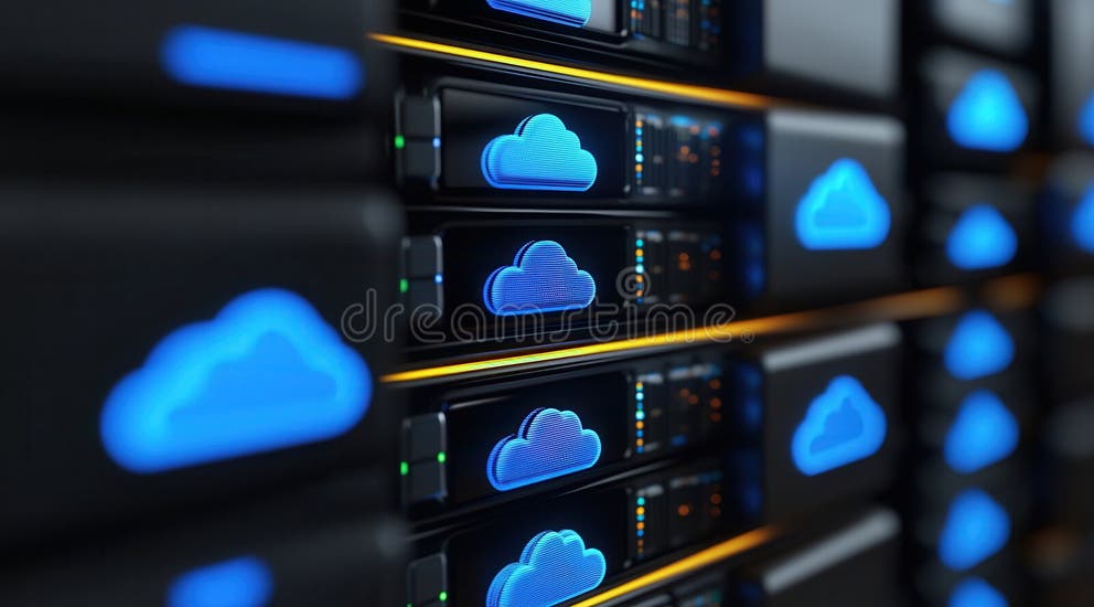 Cloud Computing Data Center with Glowing Blue Cloud Icons on Servers ...