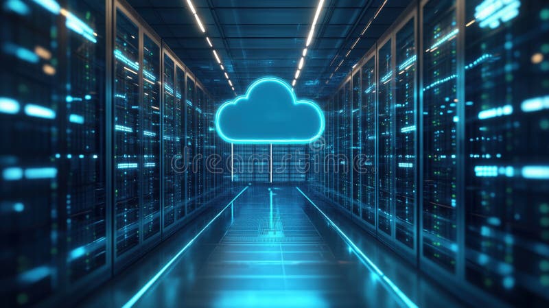 Cloud Computing Data Center with Glowing Cloud Icon Stock Photo - Image ...