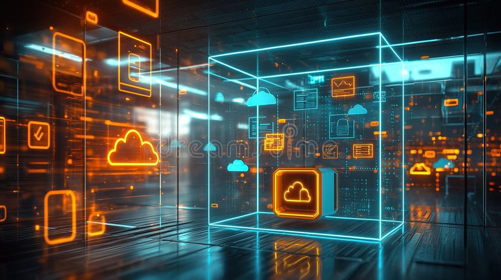 Cloud Computing Data Center with Glowing Icons and Digital Information ...