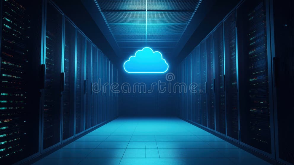 Cloud Computing Data Center with Illuminated Cloud Icon, Server Racks ...