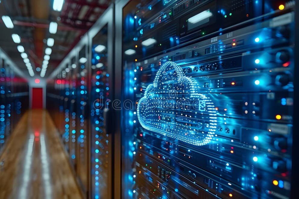 Cloud Computing Data Center Network Servers with LED Lights - Technology Concept for Security ...