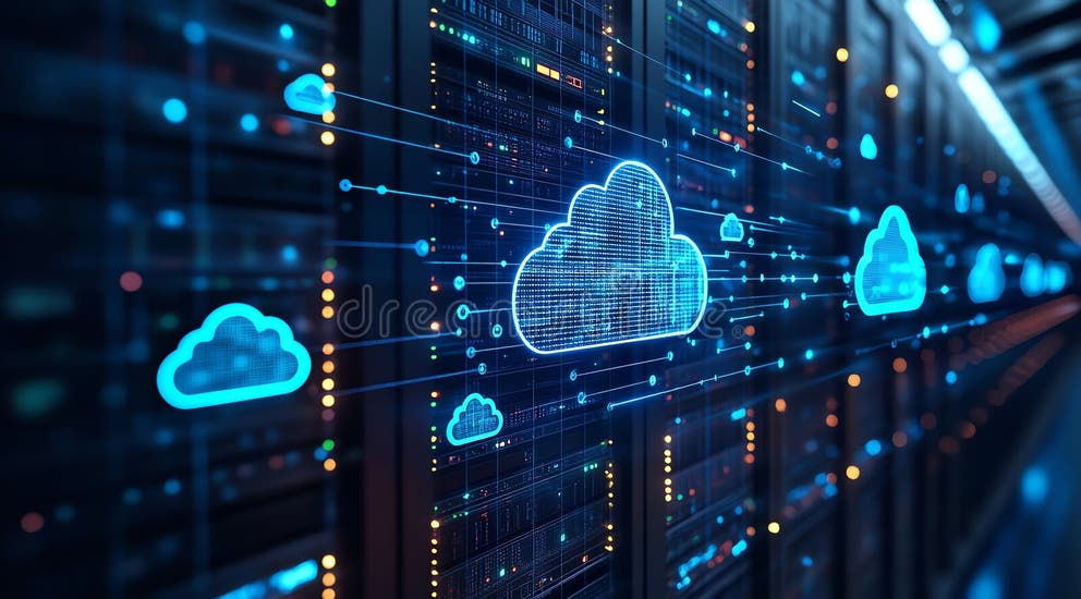 Cloud Computing Data Center with Server Racks and Digital Cloud Icons ...